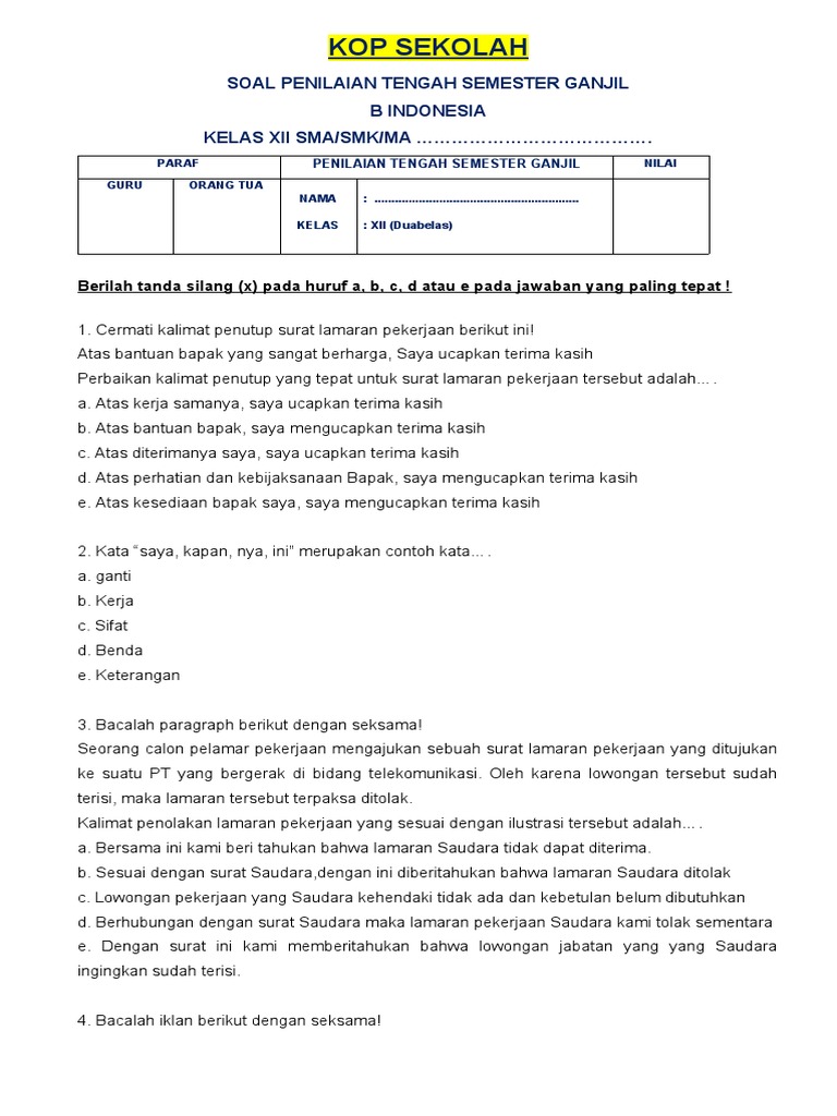 12 - Soal PTS B Indonesia Kelas 12 Semester 1 | PDF
