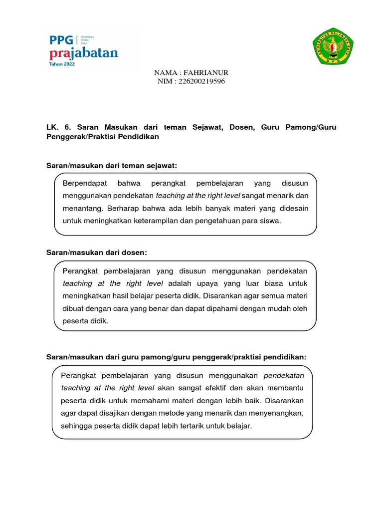 LK 6. Saran Masukan Dari Teman Sejawat Dosen Guru Pamong - Kelompok | PDF