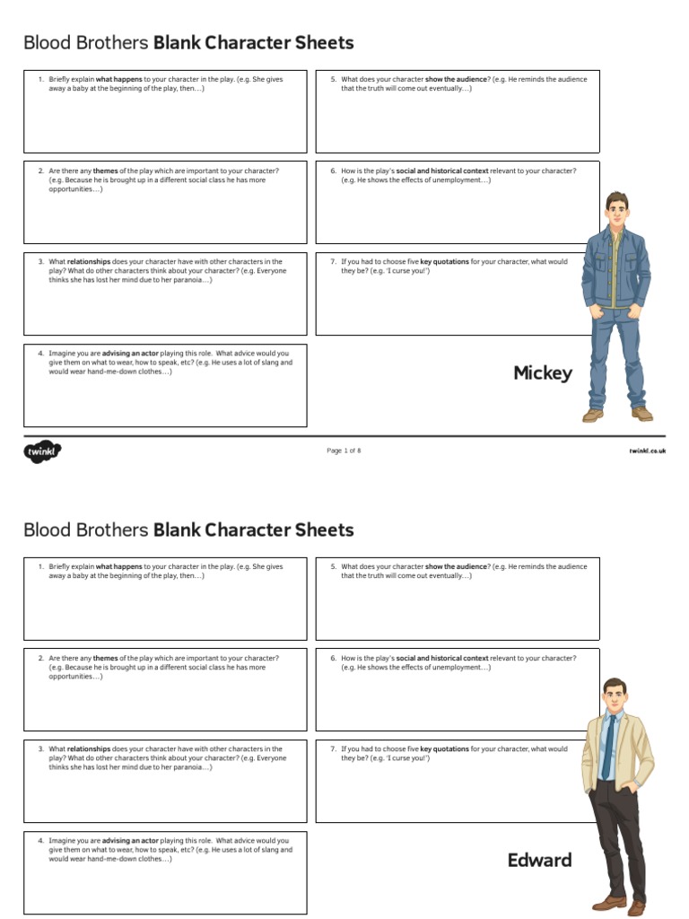 Blood Brothers Character Analysis Sheets | PDF | Language Arts ...