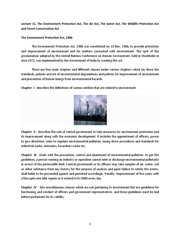 Lec15 The Environment Protection Act, The Air Act, The Water Act, The ...