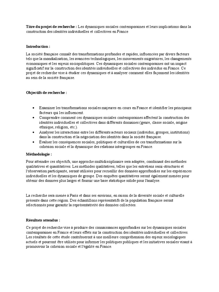 Projet de Recherche M1 Sociologie - Sociologie Contemporaine | PDF ...