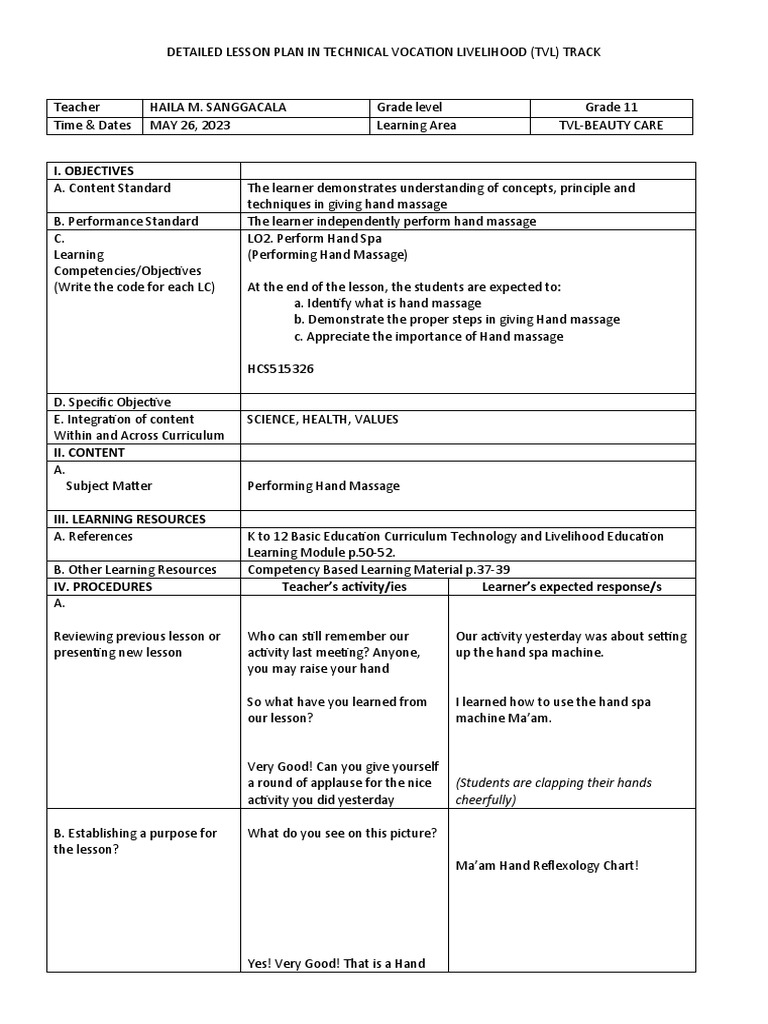 Detailed Lesson Plan in Beauty Care | PDF | Learning | Hand
