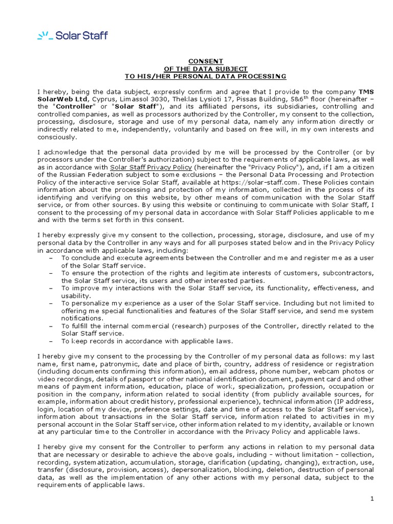 Consent of The Data Subject To His/Her Personal Data Processing | PDF | Consent | Privacy