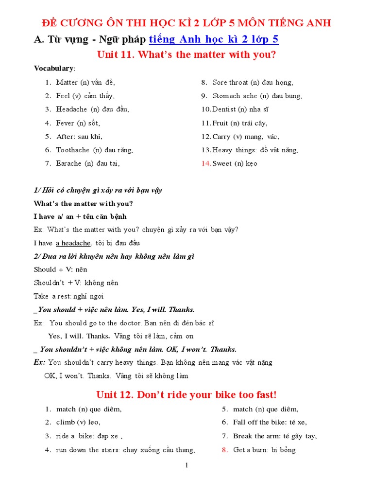 De Cuong On Thi Hoc Ki 2 Lop 5 Mon Tieng Anh Theo Tung Unit | PDF