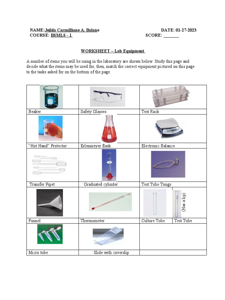 Lab Equipment Work Sheet Jeilda Balane | PDF | Laboratory Equipment ...