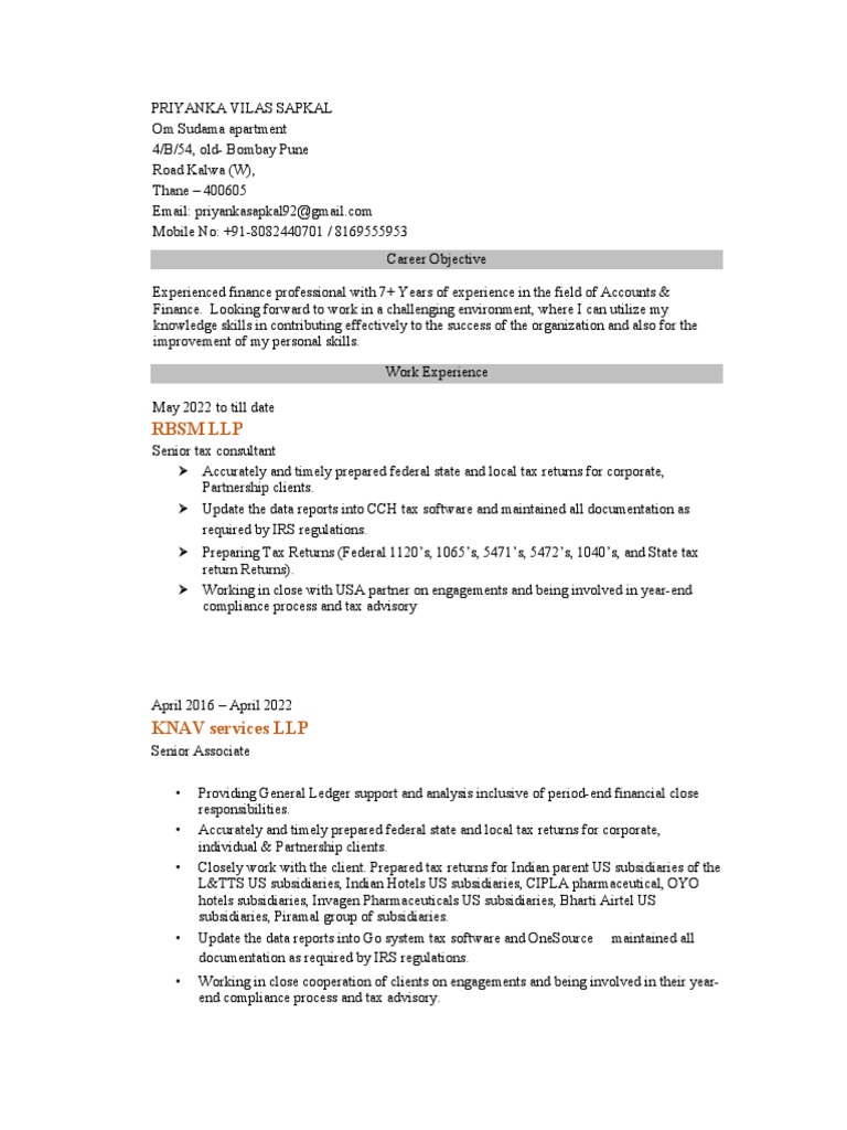 Priyanka Sapkal - Updated Resume - 05.05.2023 | PDF | Business