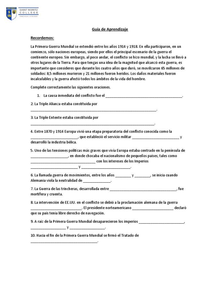 Guía de Aprendizaje Primera Guerra Mundial | PDF | Primera Guerra ...