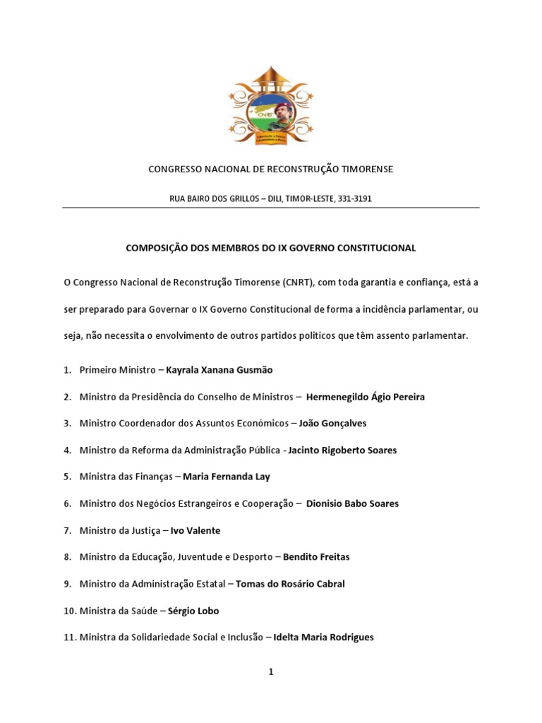 Composição do IX Governo de Timor-Leste | PDF | Timor Leste | Ministros ...