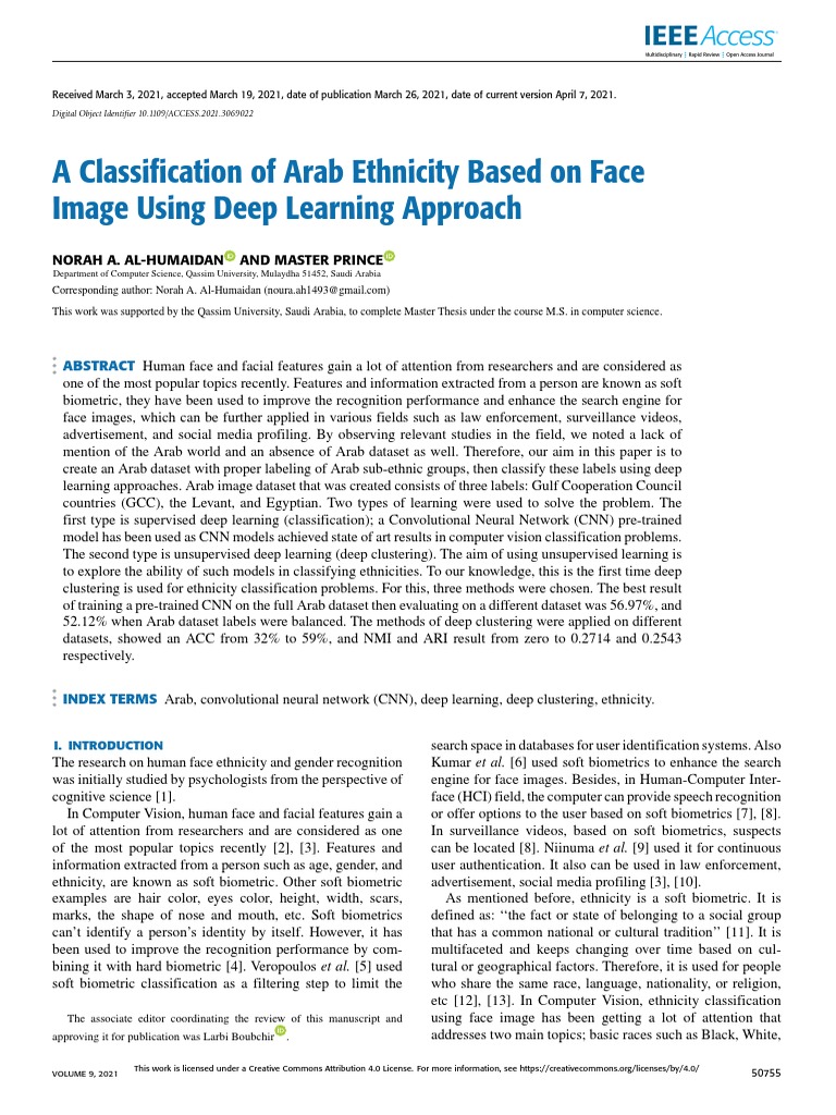 A Classification of Arab Ethnicity Based On Face Image Using Deep Learning Approach | PDF | Deep ...