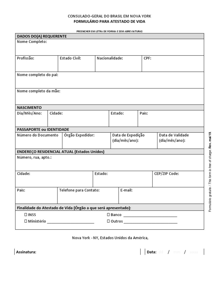 Formulário Atestado de Vida - Consulado NY | PDF
