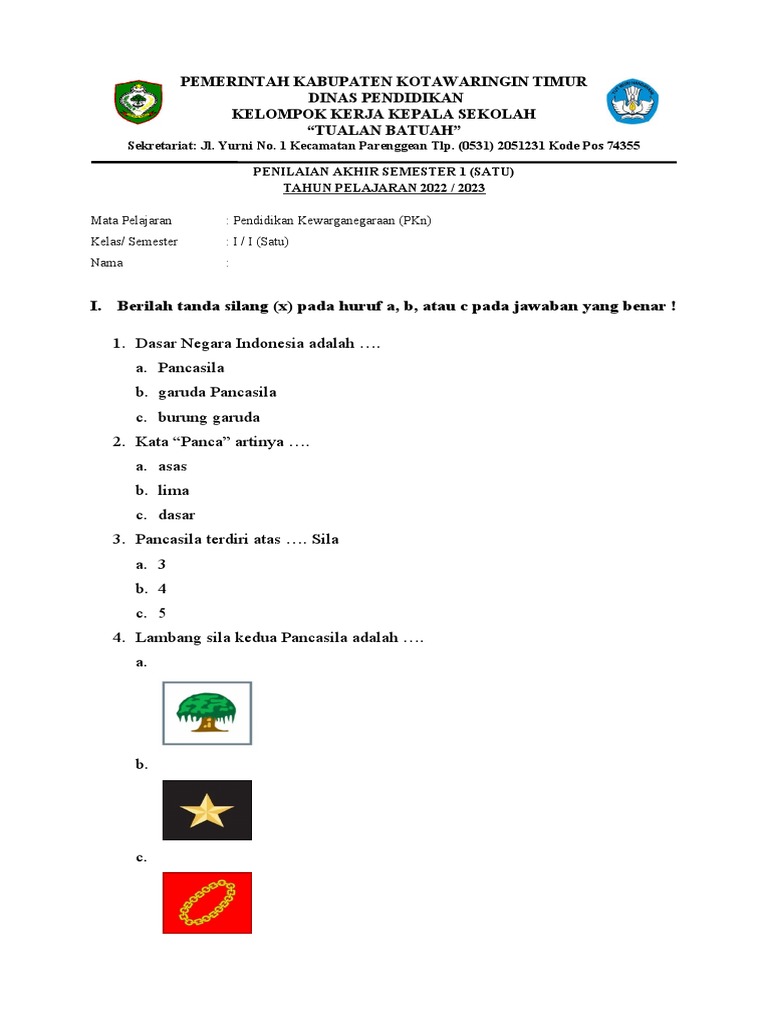 SOAL PAS PKN Kelas 1 | PDF