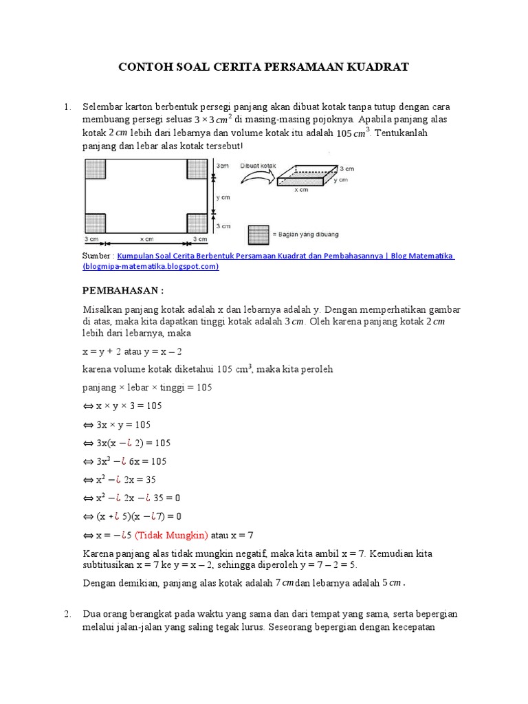 Contoh Soal Cerita Persamaan Kuadrat | PDF