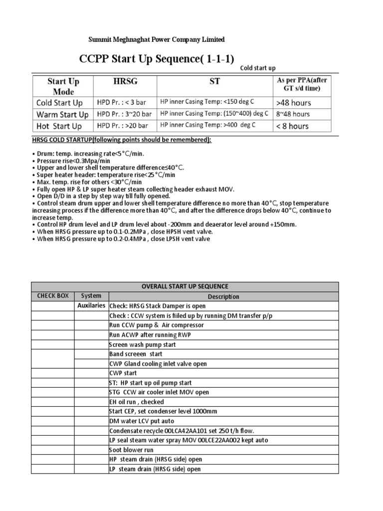 CCPP Cold Start Procedure | PDF | Steam | Pump