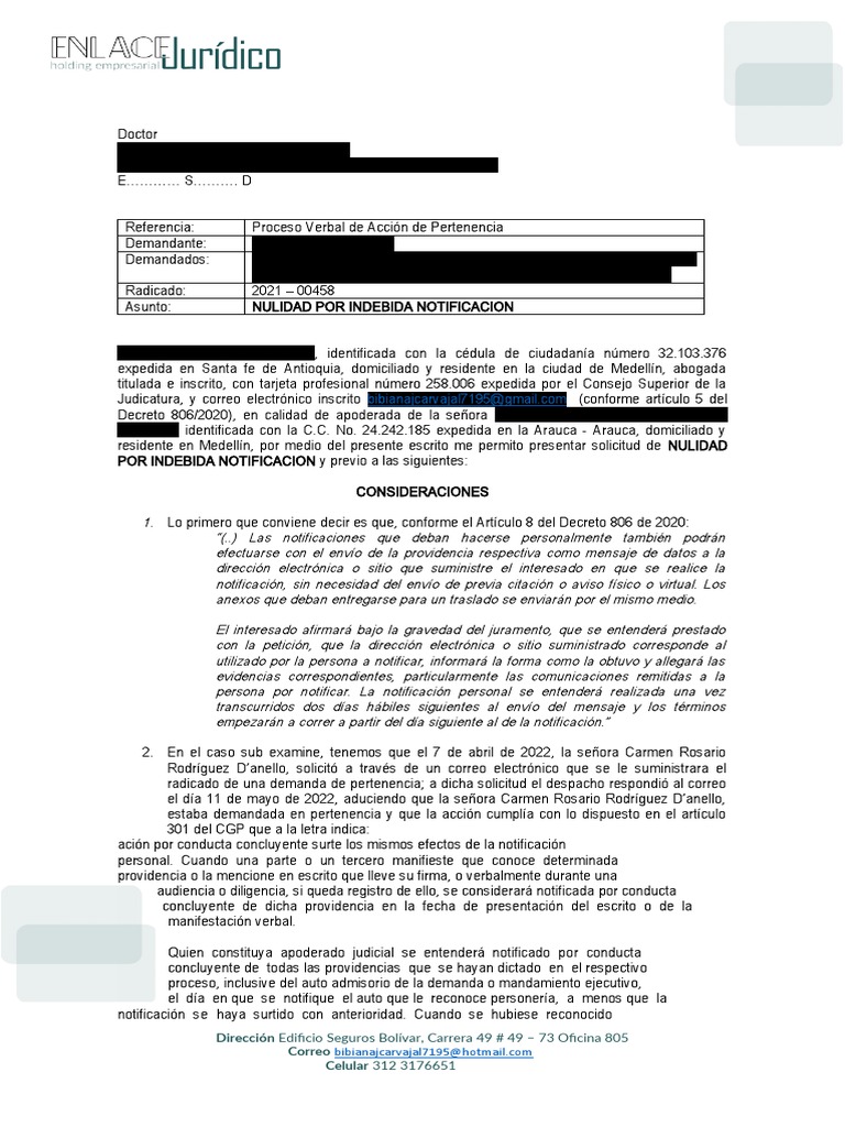NULIDAD POR INDEBIDA NOTIFICADCION | PDF | Sentencia (ley) | Debido al proceso
