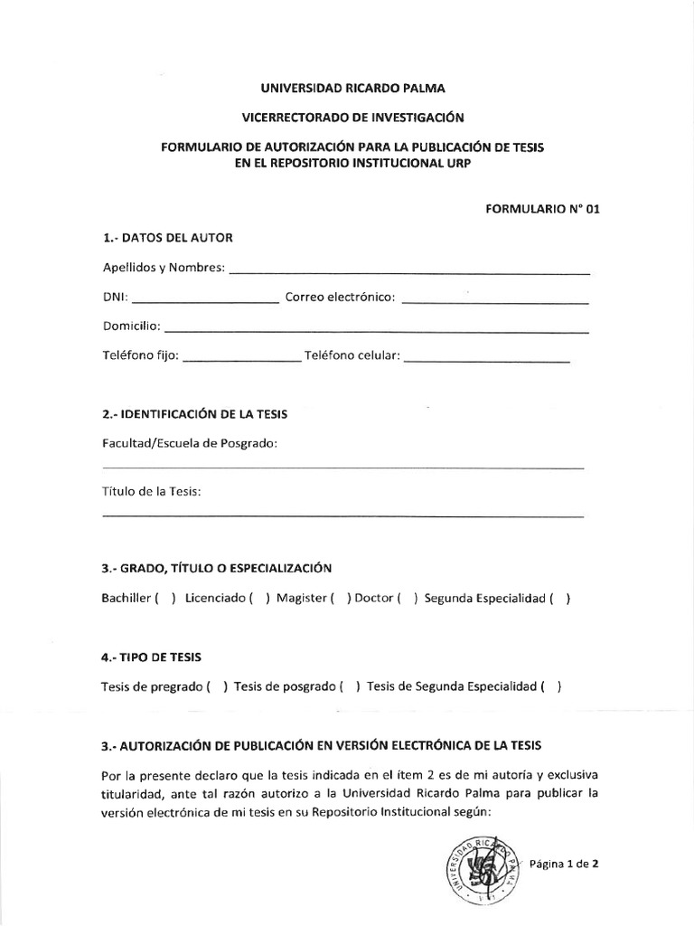 Formulario de Autorización de Tesis URP | PDF