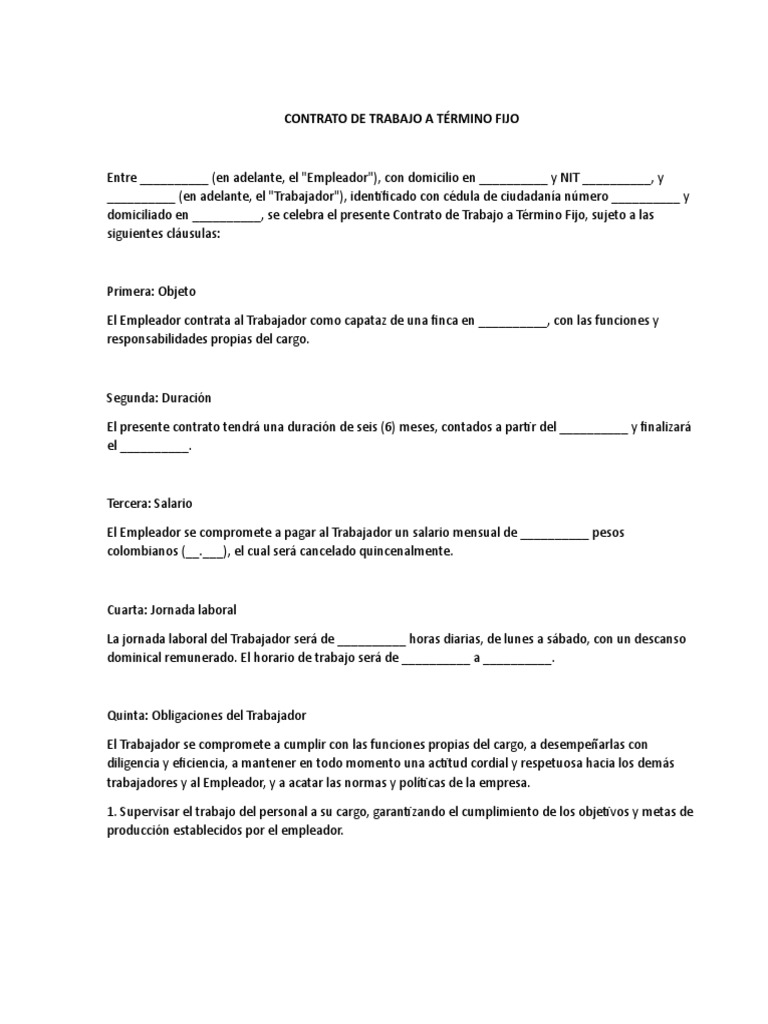 Contrato de Trabajo A Término Fijo | PDF | Derecho laboral | Salario