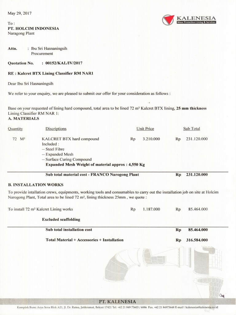 Kalcret BTX Lining Classifier RM 1 | PDF | Manufactured Goods