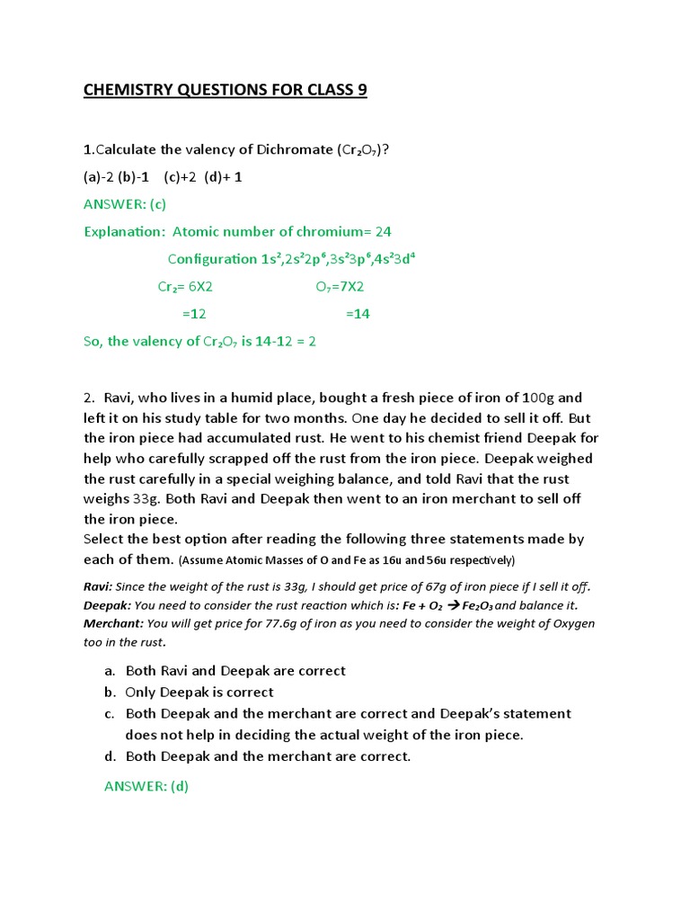 Chemistry Questions For Class 9 | PDF | Latent Heat | Heat