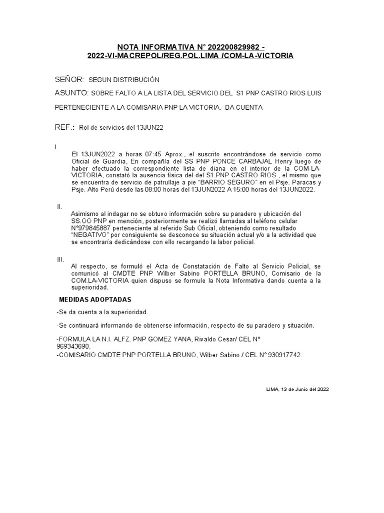 Nota Informativa Del Falto Al Servicio | PDF