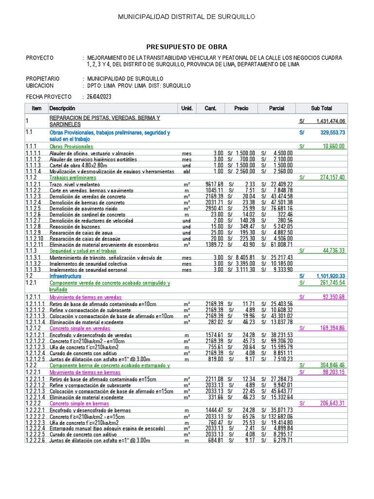 Presupuesto de Obra | PDF | Hormigón | Sector secundario de la economía