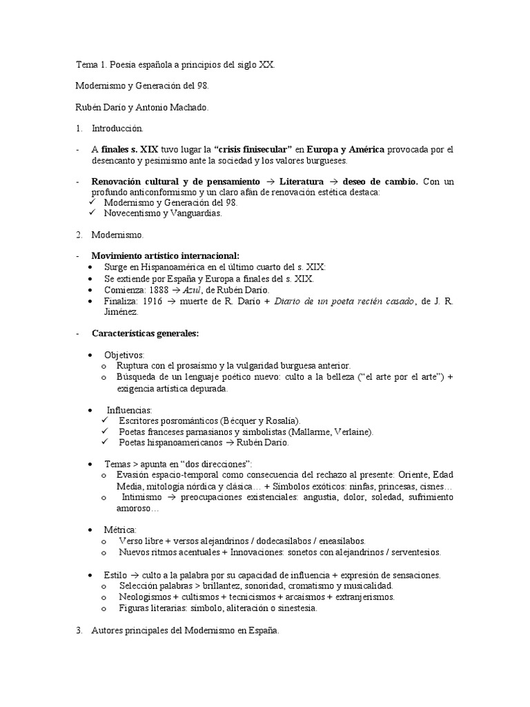 Tema 1. Modernismo y Generación Del 98. Literatura. | PDF | Poesía