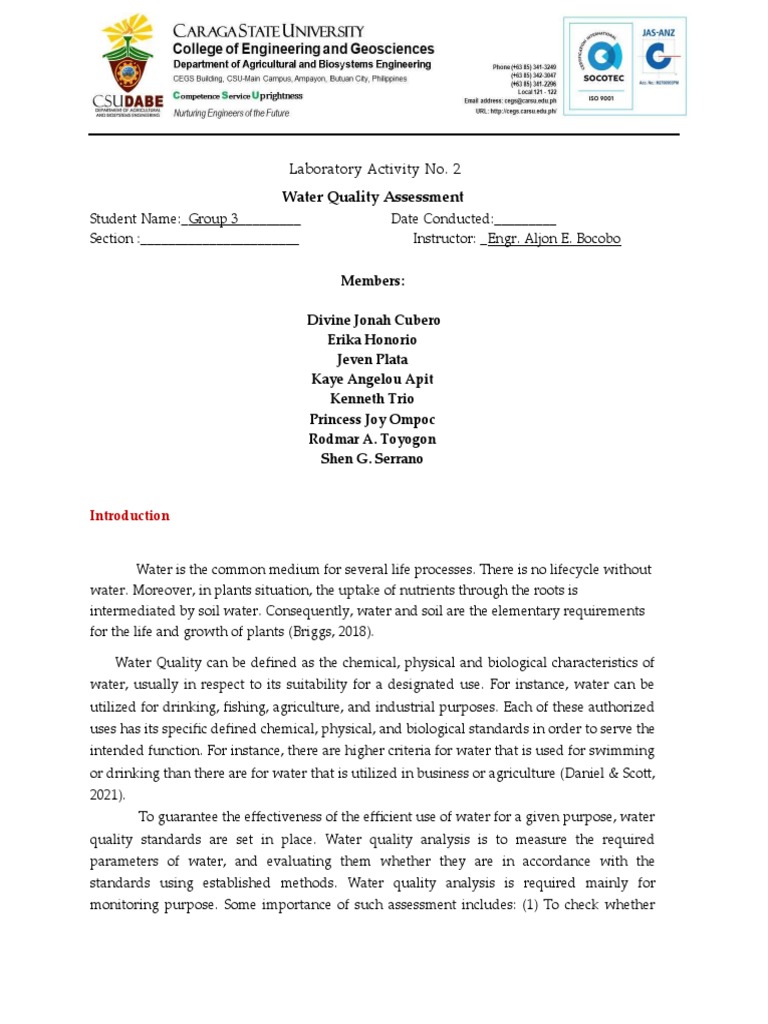 Laboratory No. 2 Water Quality Assessment | PDF | Water Quality | Water