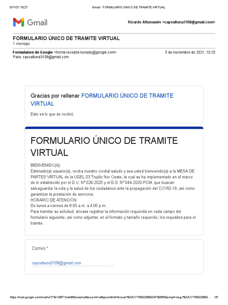 Gmail - Formulario Único de Tramite Virtual | PDF | Gmail | Informática