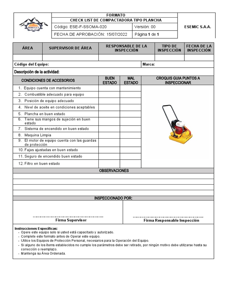 ESE-F-SSOMA-020 Check List de Compactadora Tipo Plancha | PDF