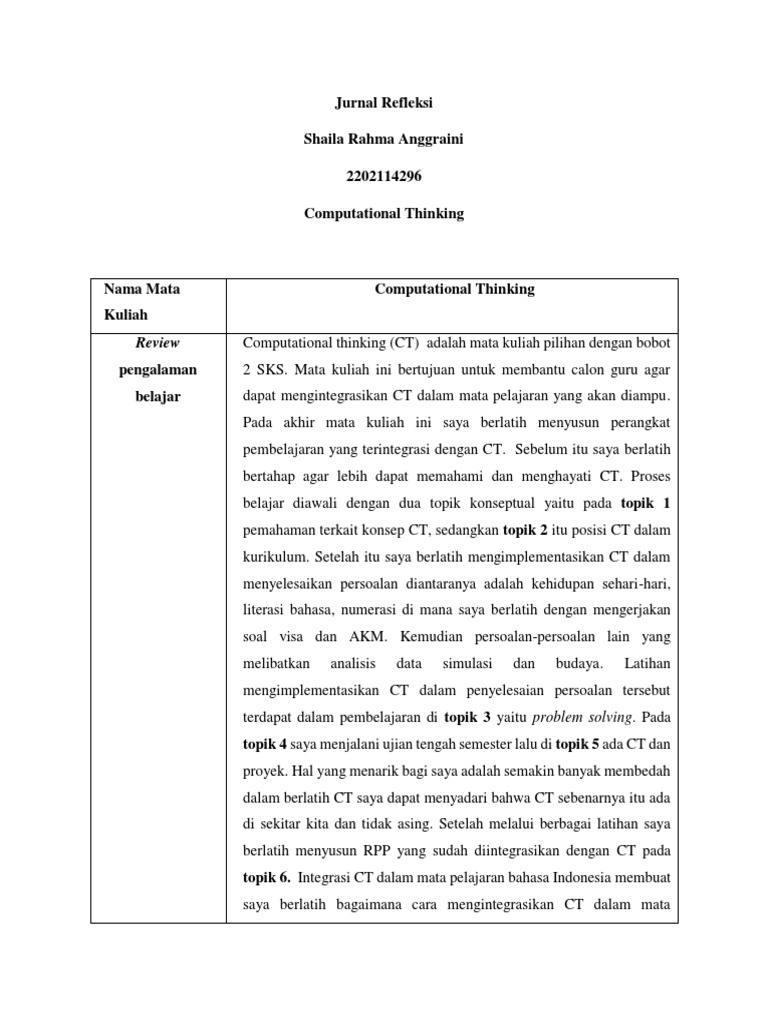 Jurnal Refleksi - Shaila Rahma A - Computational Thinking | PDF
