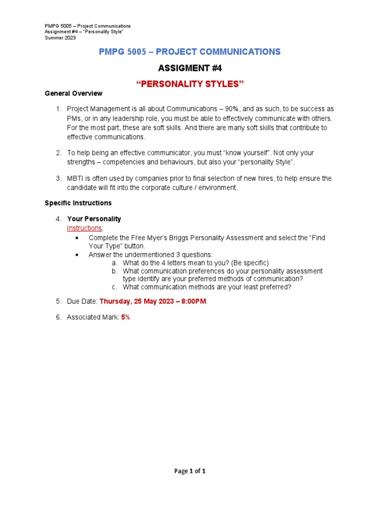 Assignment #4 - Personality Style - S23 | PDF Assignment #4 - Personality Style - S23 | PDF