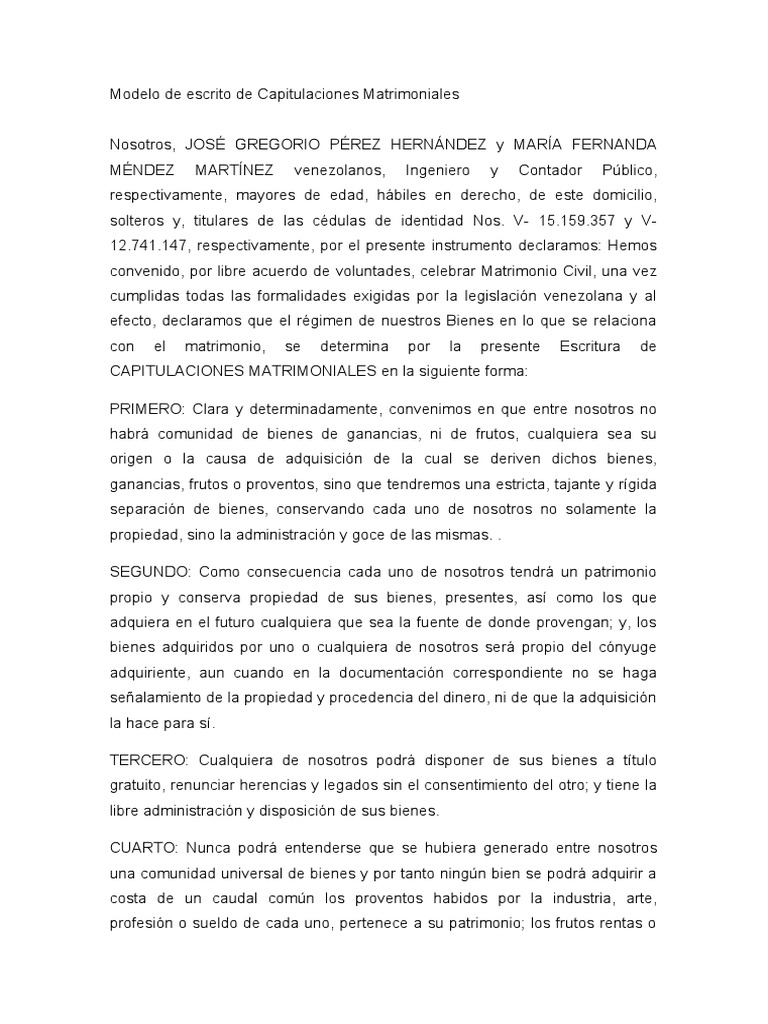 Modelo de Escrito de Capitulaciones Matrimoniales | PDF | Propiedad ...