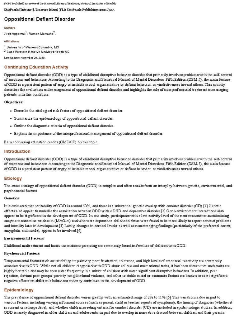 Oppositional Defiant Disorder - StatPearls - NCBI Bookshelf | PDF ...