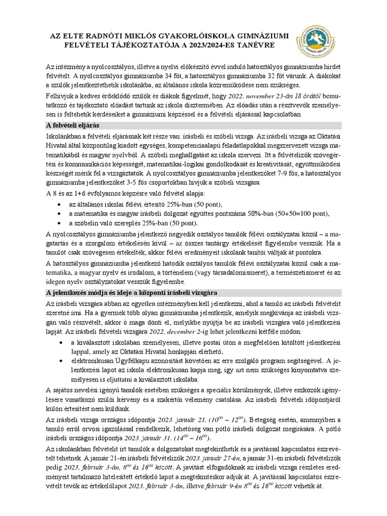 ELTE Radnti Mikls Gyakorliskola - Felv Eteli Tajekoztato - 2022 | PDF