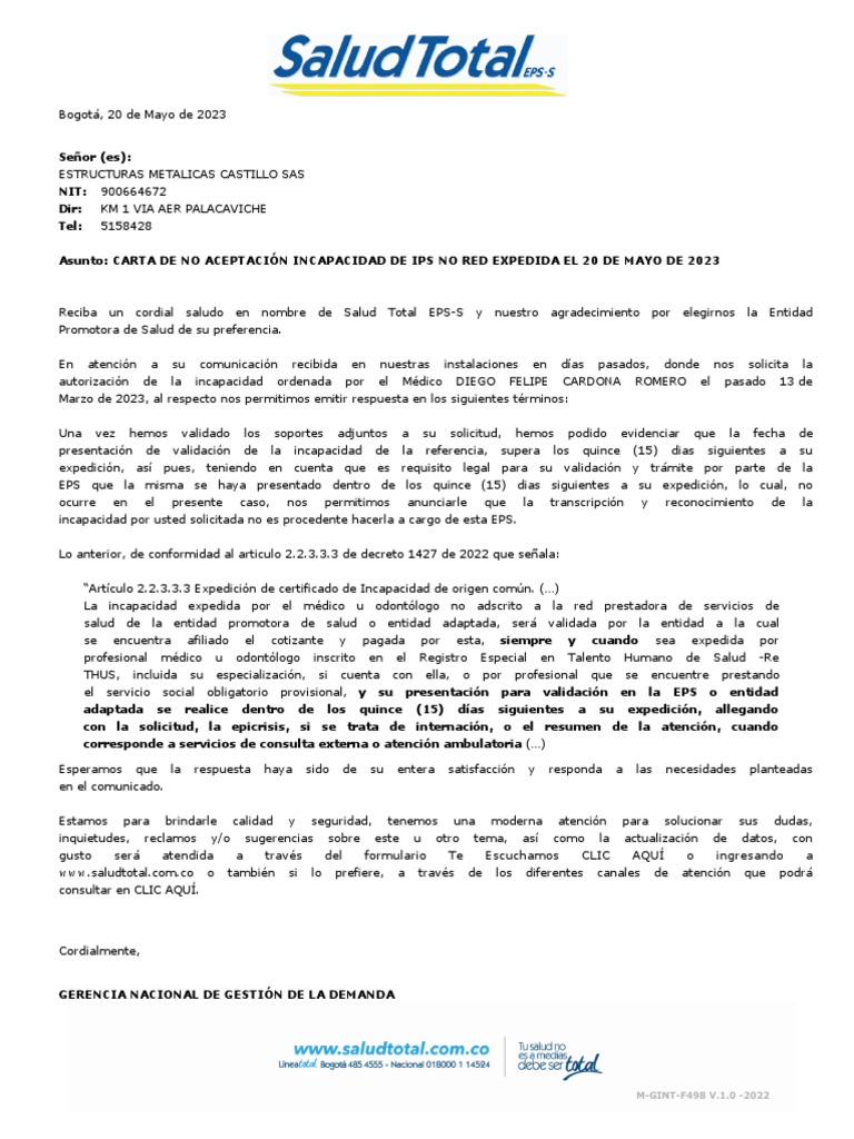 M-GINT-F498 CARTA DE NO ACEPTACIÓN INCAPACIDAD DE IPS NO RED EXPEDIDA ...