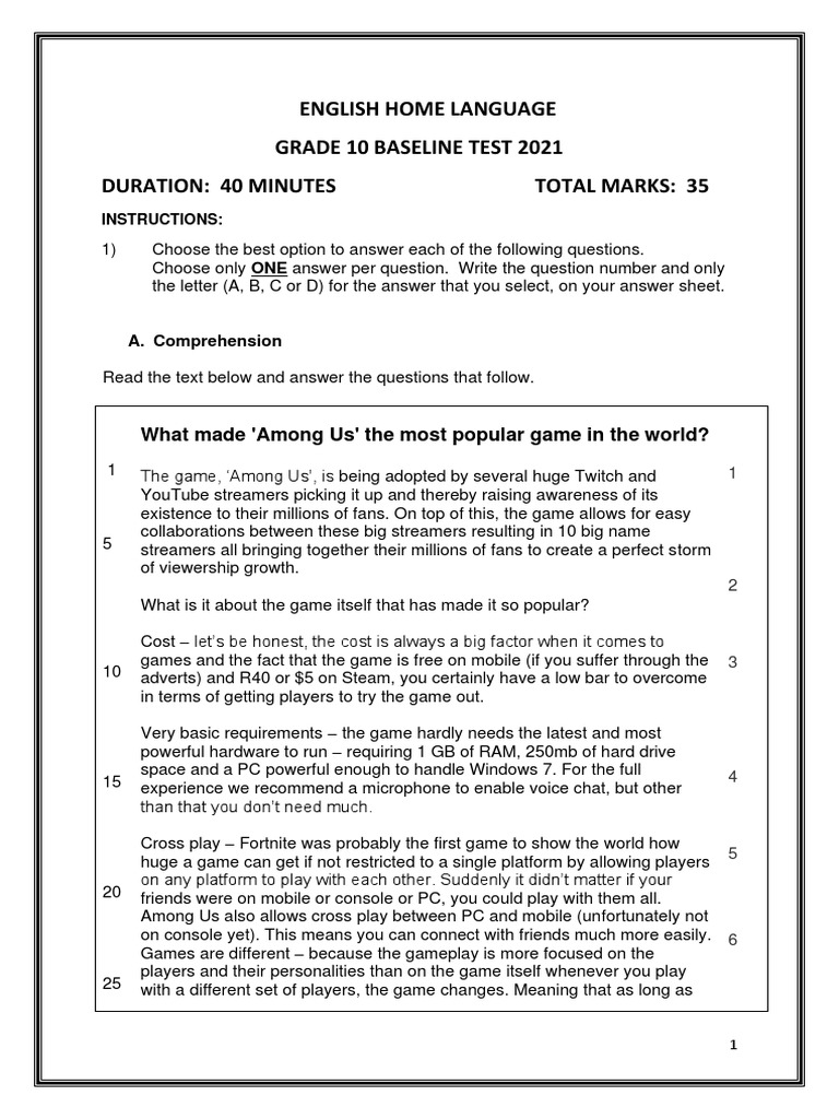 Ehl Baseline Test GR 10 QP | PDF | Adjective | Grammatical Tense