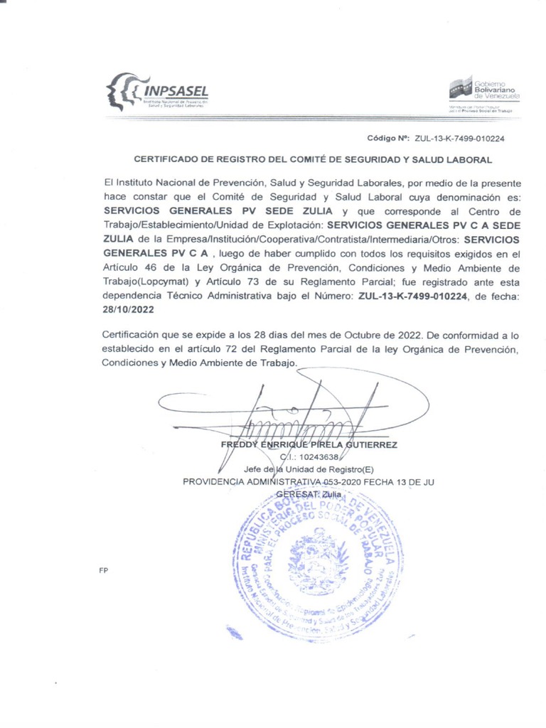 Certificado Inpsasel | PDF