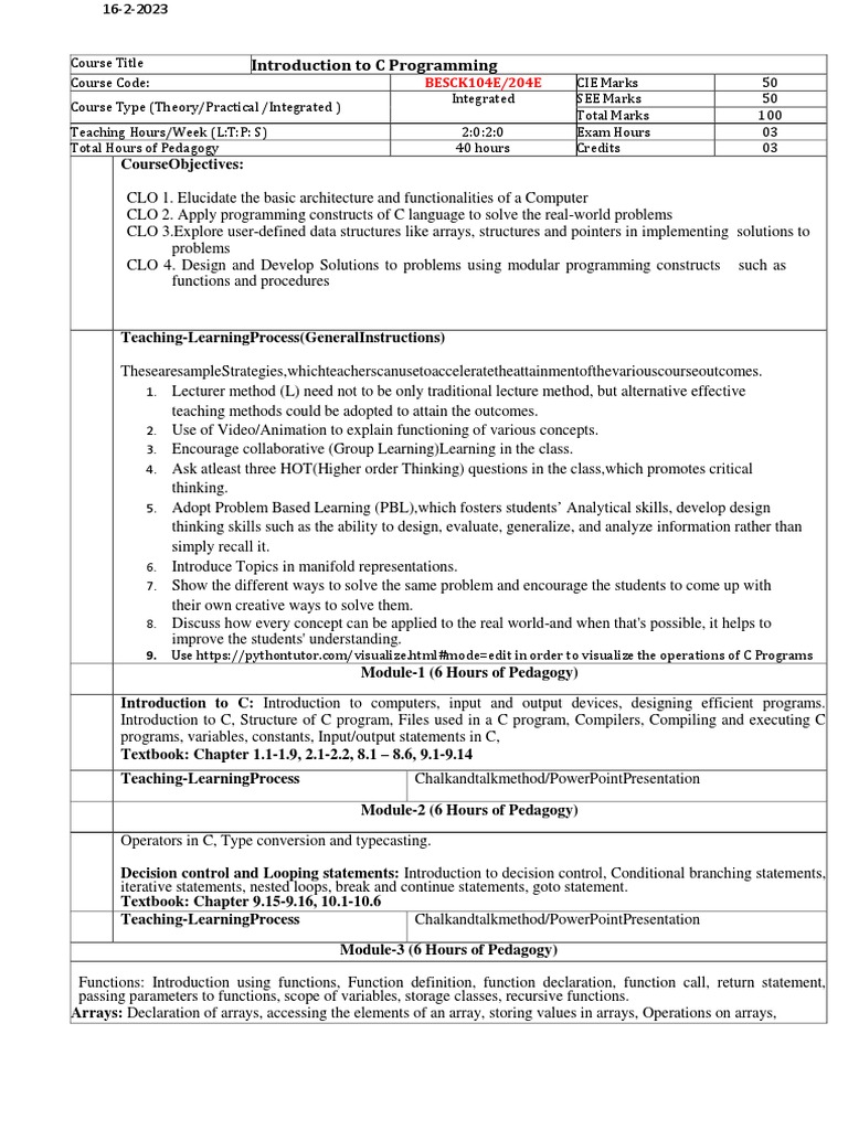 BESCK104EIntroduction To C Programming | PDF | C (Programming Language ...