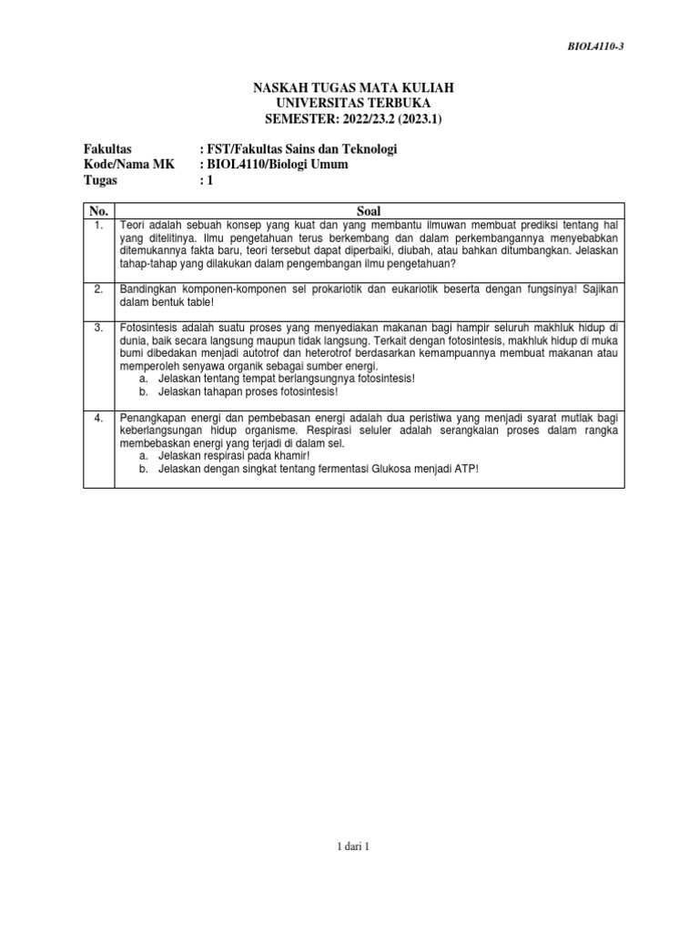 Soal Biol4110 tmk1 3 | PDF