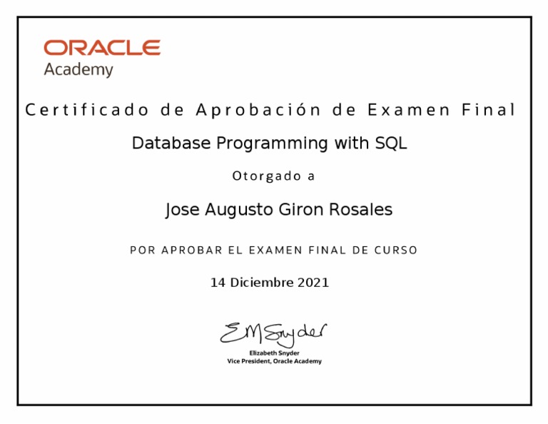 Certificado Oracle Database Programming With SQL Tyto Giron | PDF Certificado Oracle Database Programming With SQL Tyto Giron | PDF