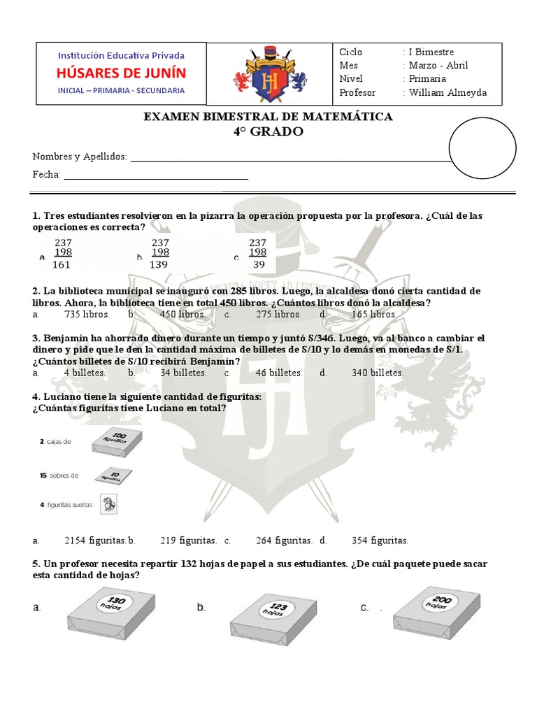 Examen Bimestral de Matematica | PDF