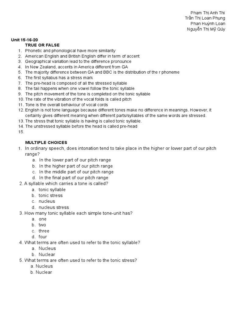 Unit 15-16-20 True or False | PDF | Stress (Linguistics) | Syllable