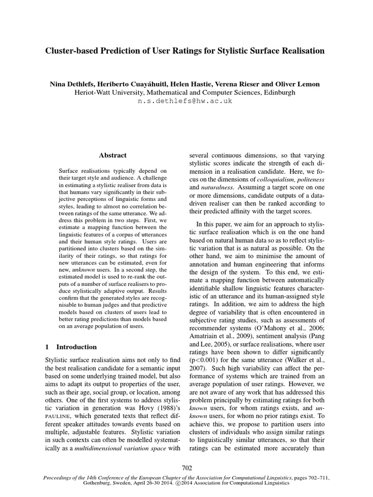 Cluster Based Prediction Of User Ratings For Stylistic Surface Realisation Pdf Cluster