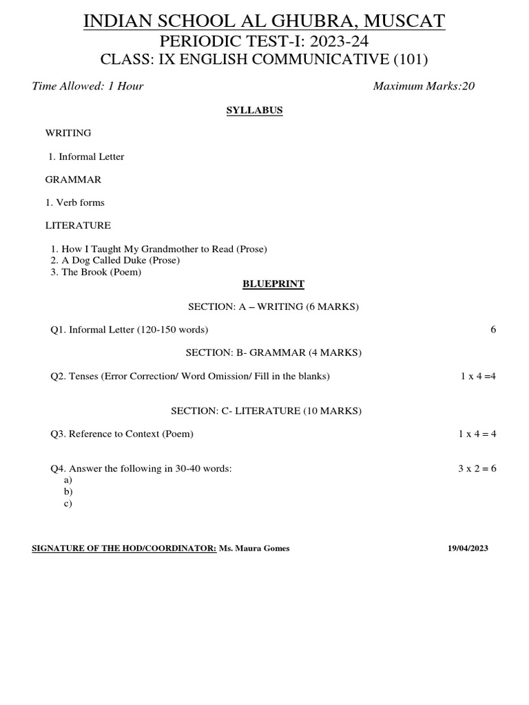 CL IX English Syllabus Blueprint PT I 2023-2024 | PDF