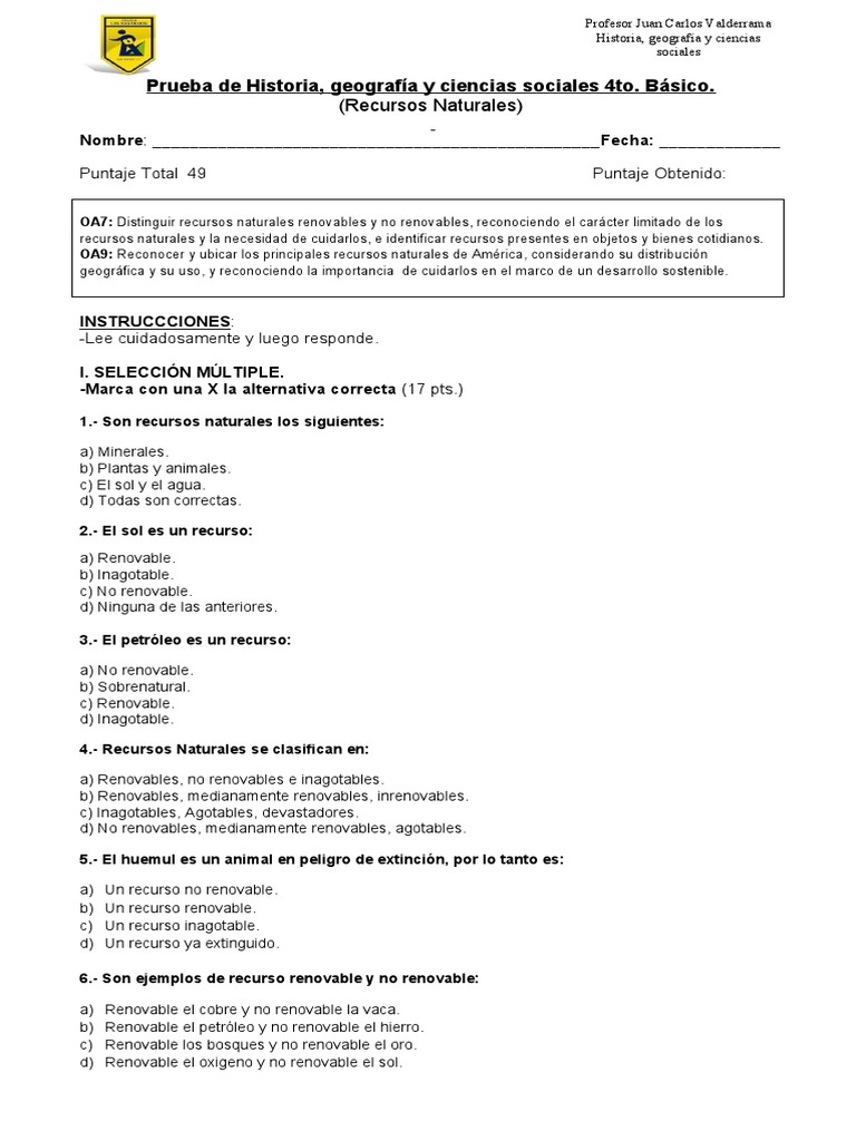 4° Evaluación RECURSOS - NATURALES | PDF | Energía renovable | Naturaleza