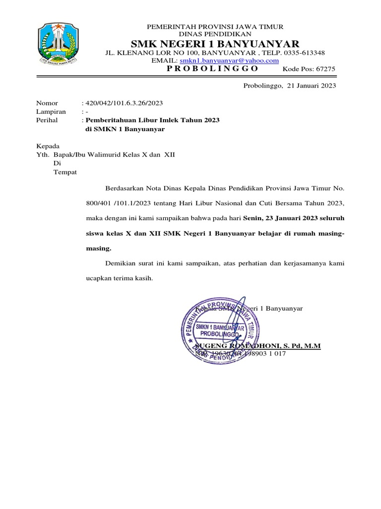 Surat Pemberitahuan Libur Imlek 2023 | PDF