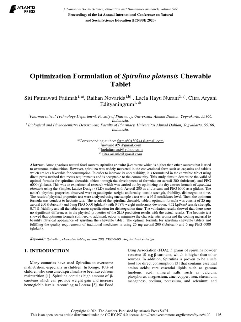 Optimization Formulation of Spirulina Platensis Chewable Tablet | PDF | Tablet (Pharmacy ...