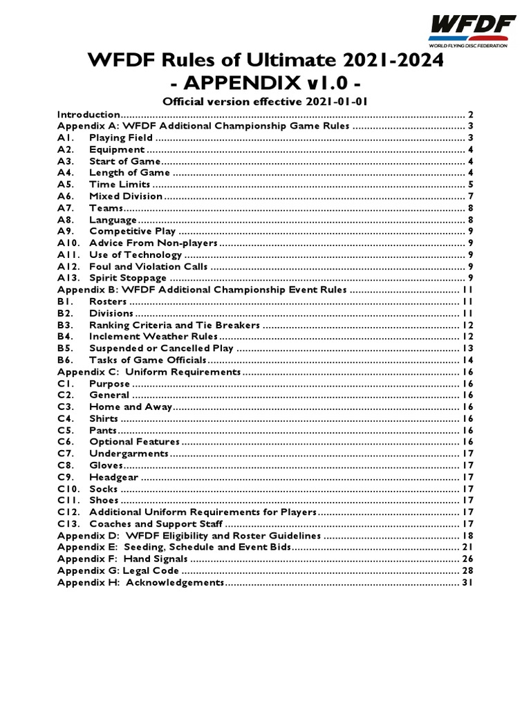 WFDF Rules of Ultimate 2021-2024 - Appendix v1 | PDF | Lightning | Sports