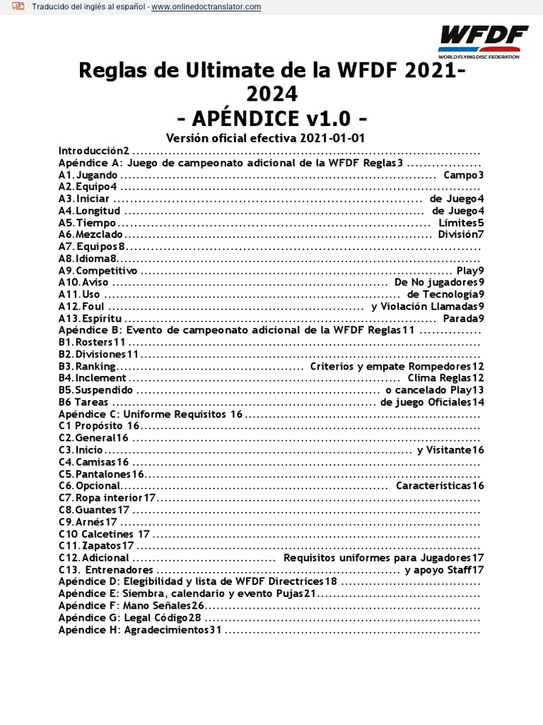 WFDF Rules of Ultimate 2021-2024 - Appendix v1 - ES | PDF | Deportes