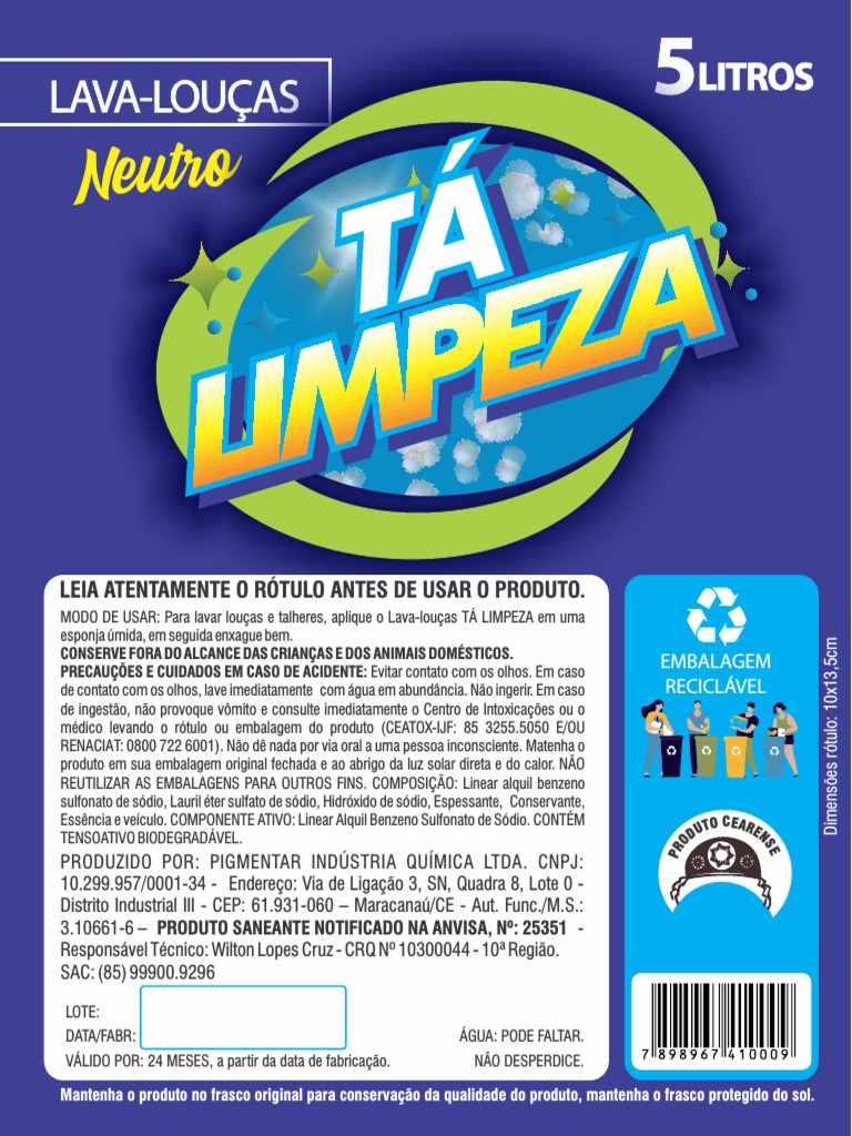 Rótulo do Detergente TÁ Limpeza 5L | PDF | Embalagem e rotulagem | Sódio