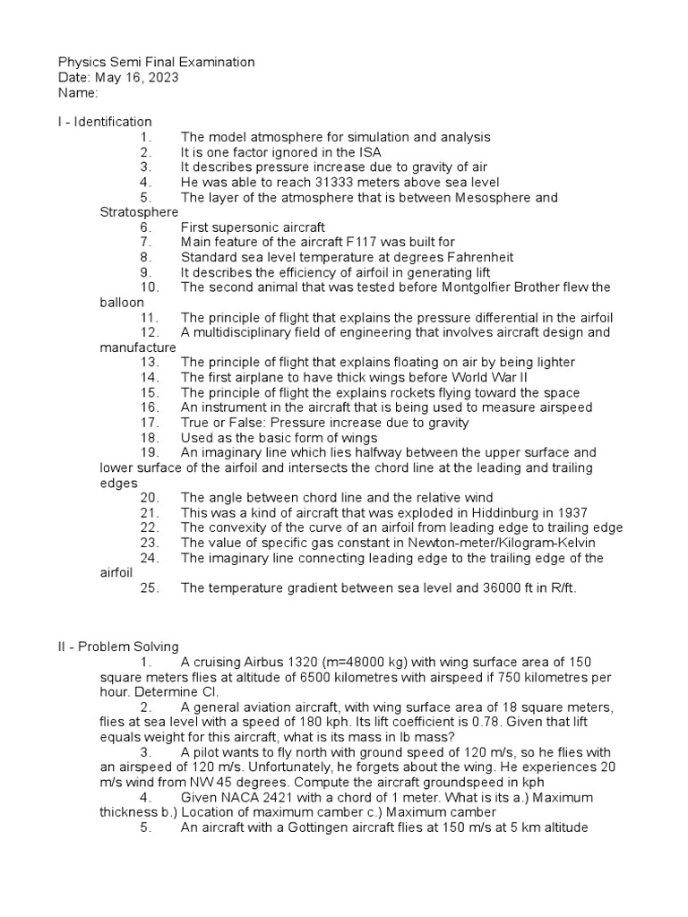 Physics Semi Final Examination | PDF | Lift (Force) | Aircraft